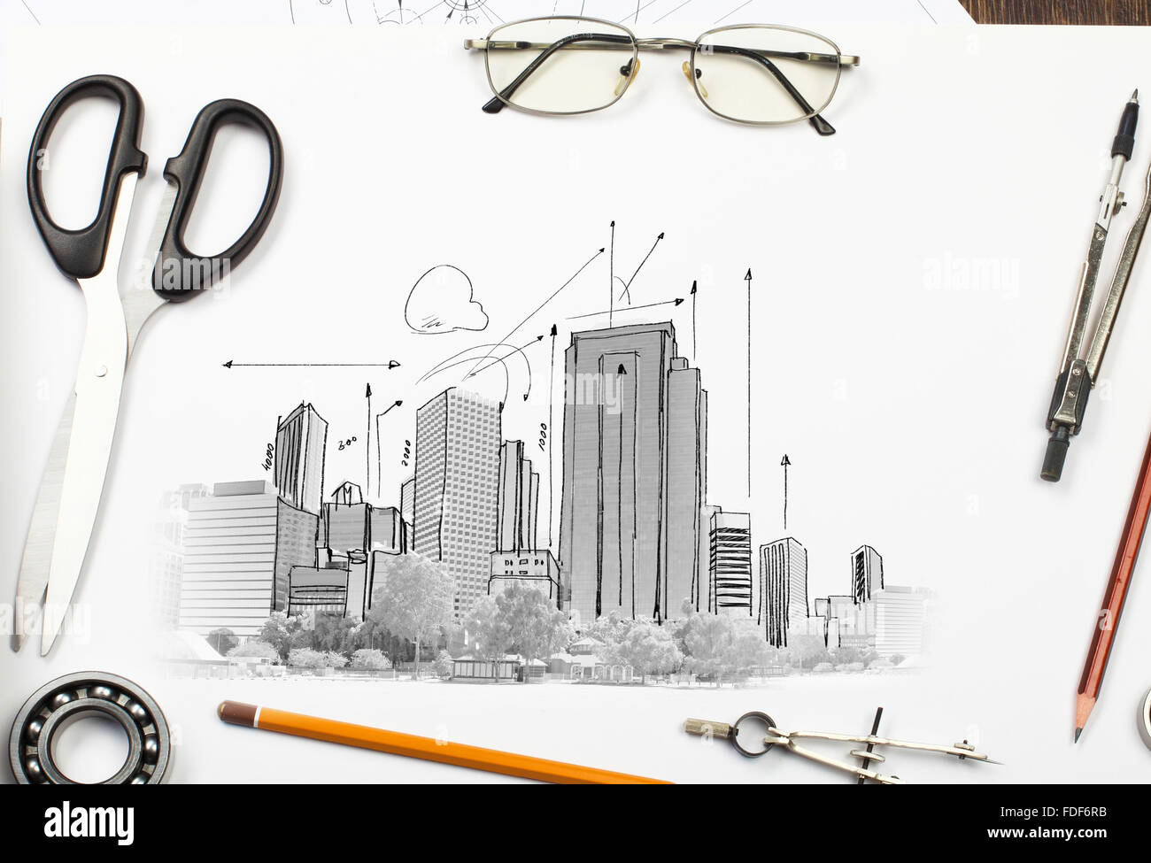 Architectural hand drawn project with set of tools Stock Photo - Alamy