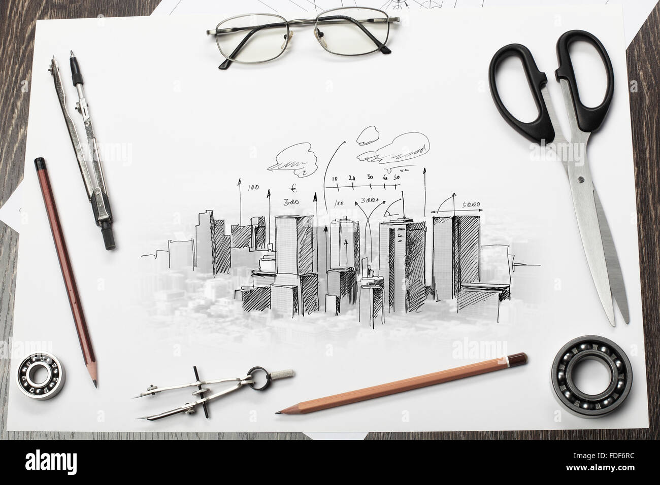 Architectural hand drawn project with set of tools Stock Photo - Alamy