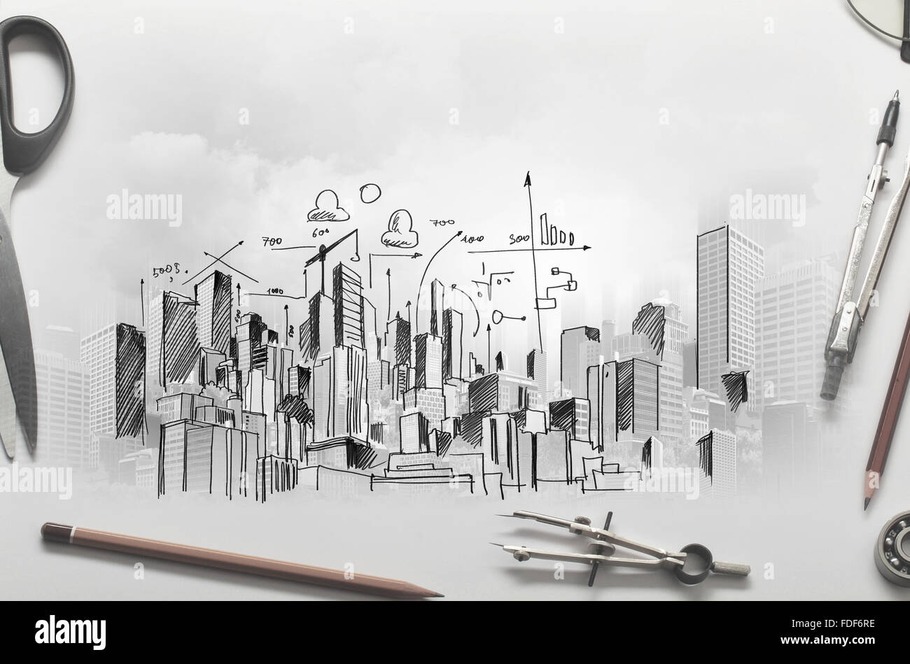 Architectural hand drawn project with set of tools Stock Photo - Alamy