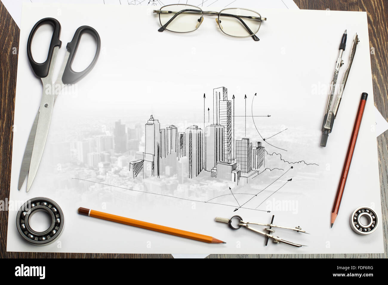 Architectural hand drawn project with set of tools Stock Photo - Alamy