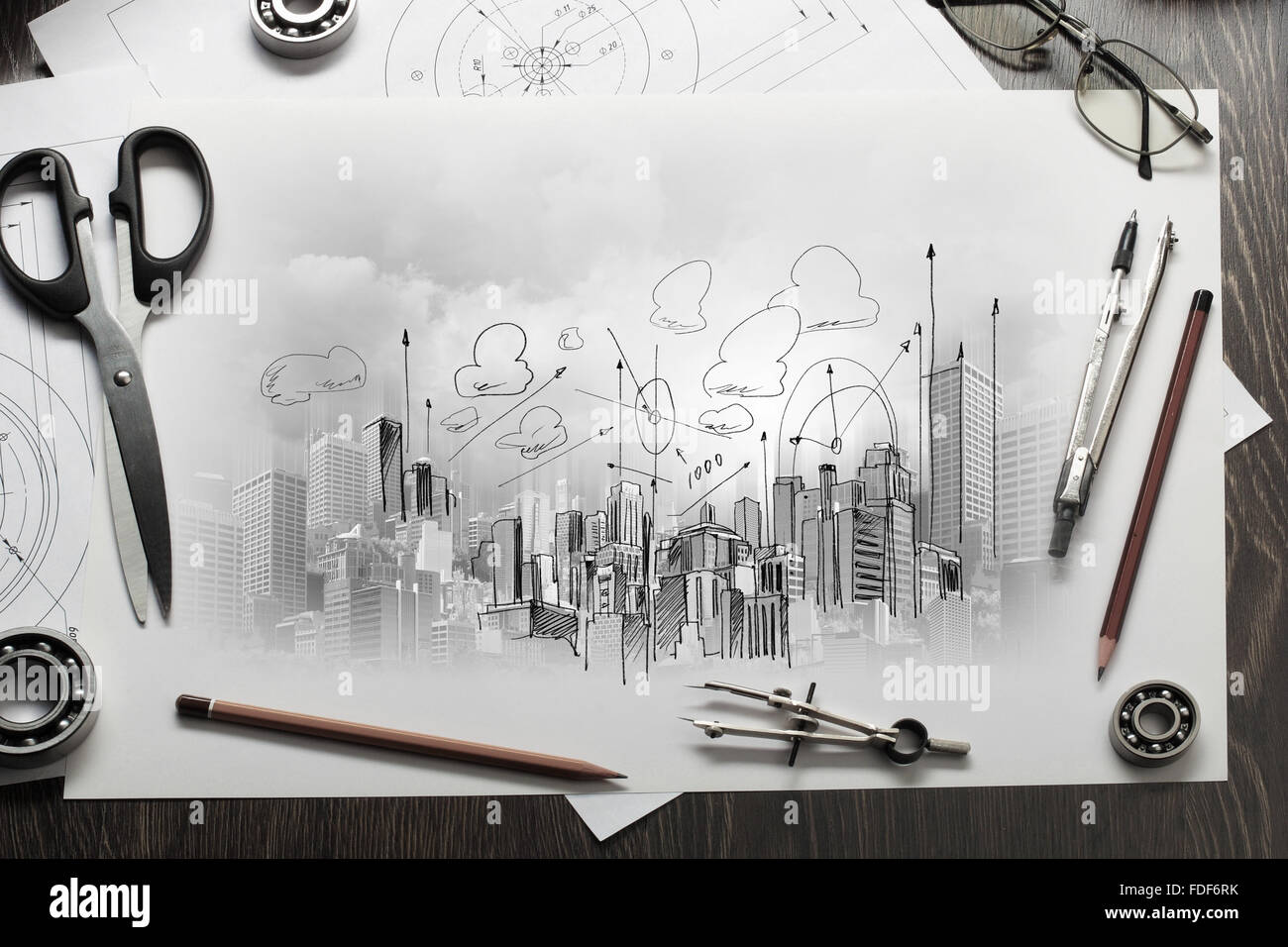 Architectural hand drawn project with set of tools Stock Photo - Alamy
