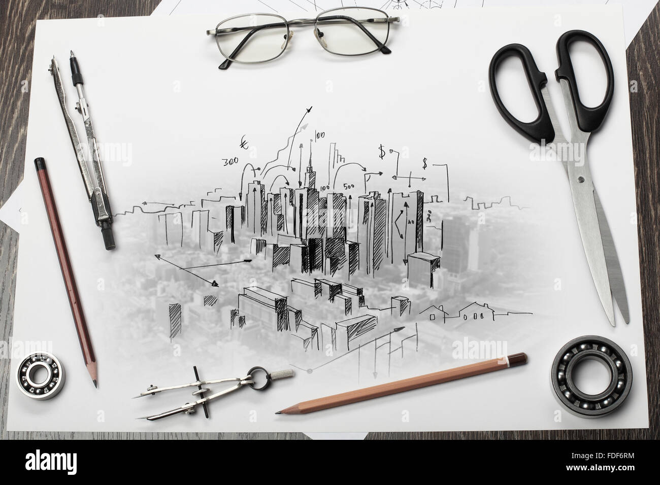 Architectural hand drawn project with set of tools Stock Photo - Alamy