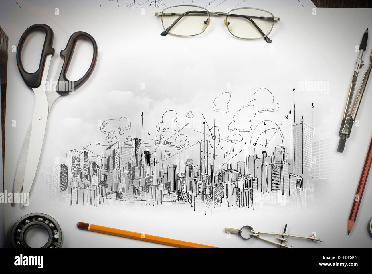 Architectural hand drawn project with set of tools Stock Photo - Alamy