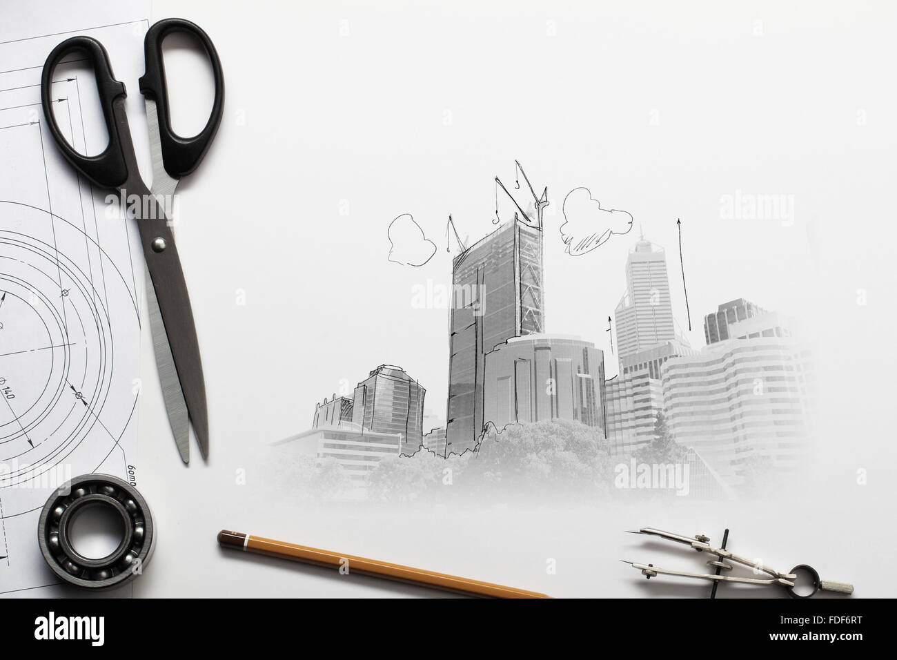 Architectural hand drawn project with set of tools Stock Photo - Alamy