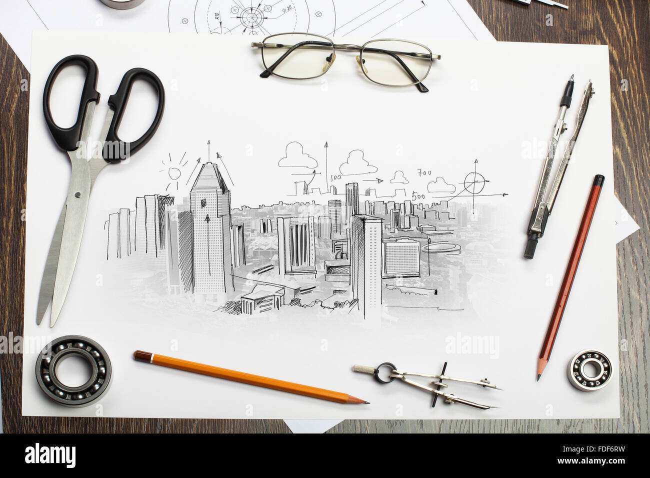 Architectural hand drawn project with set of tools Stock Photo - Alamy