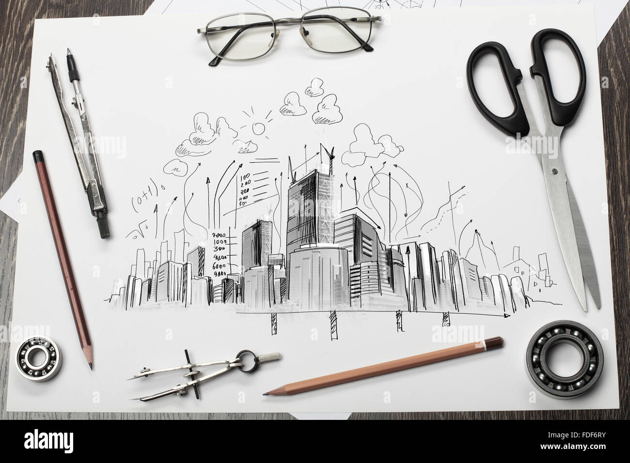 Architectural hand drawn project with set of tools Stock Photo - Alamy