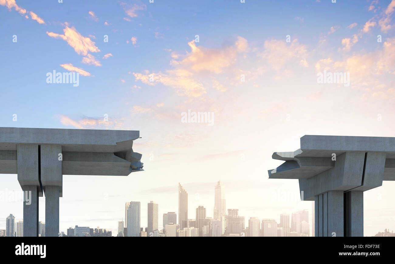 A gap in the concrete bridge ad a symbol of risk and danger Stock Photo ...