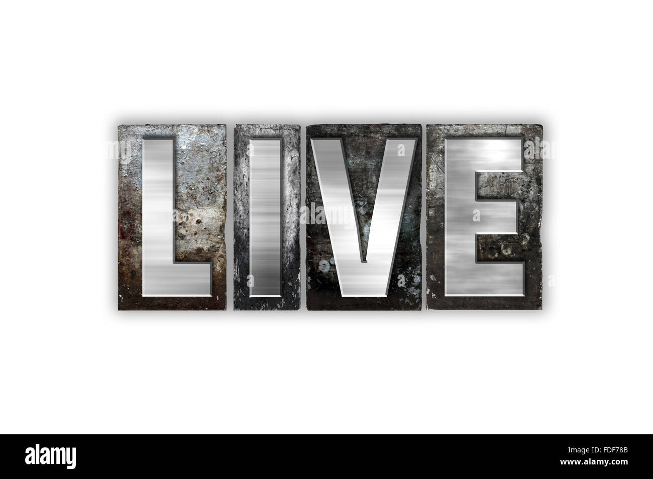 The word "Live" written in vintage metal letterpress type isolated on a ...