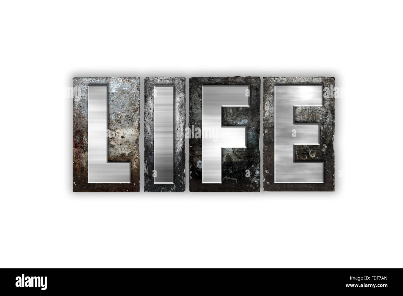 The word "Life" written in vintage metal letterpress type isolated on a ...