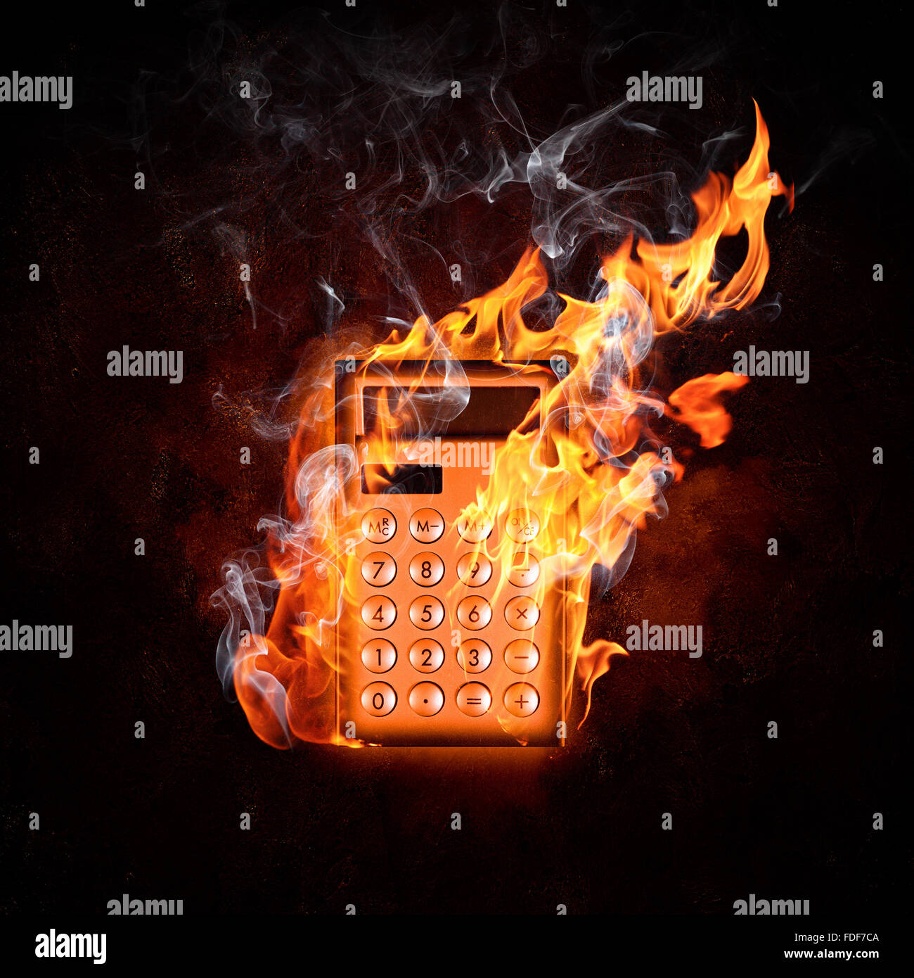 Image of calculator in fire flames against black background Stock Photo ...