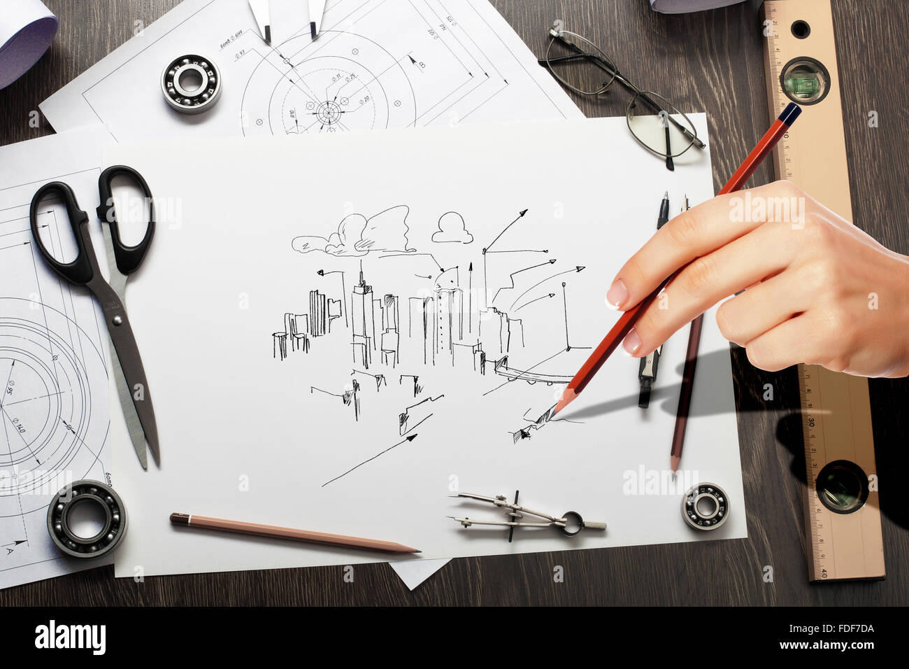 Architectural hand drawn project with set of tools Stock Photo - Alamy