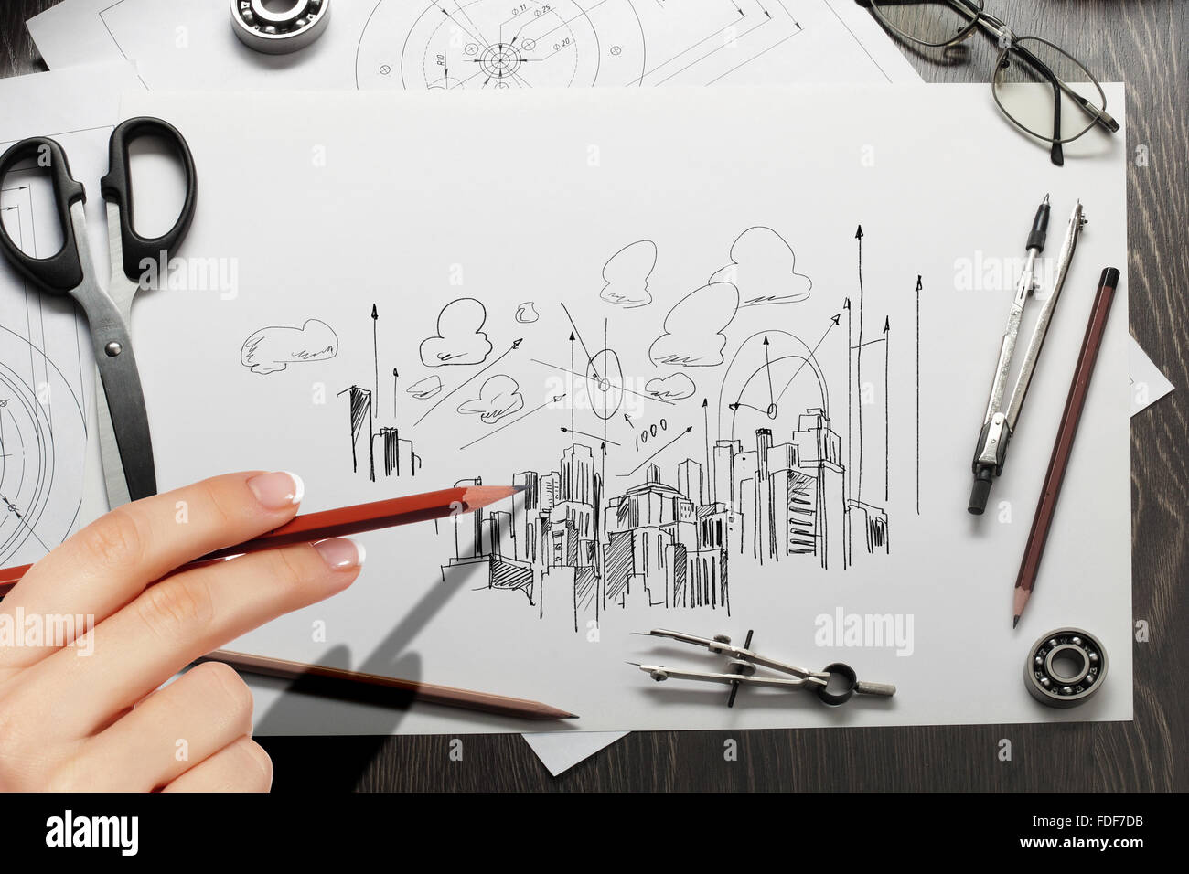 Architectural hand drawn project with set of tools Stock Photo - Alamy
