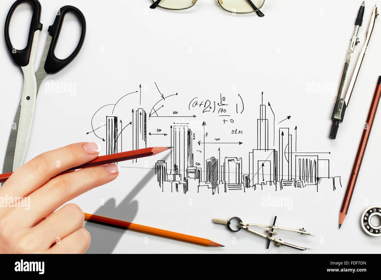 Architectural hand drawn project with set of tools Stock Photo - Alamy