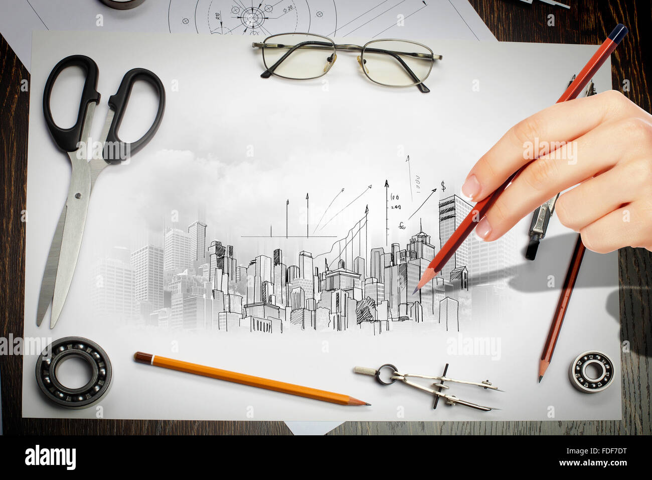 Architectural hand drawn project with set of tools Stock Photo - Alamy
