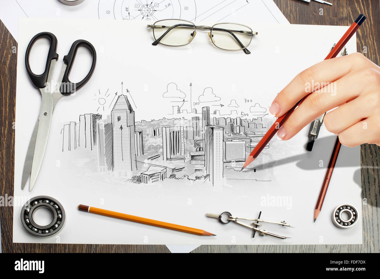 Architectural hand drawn project with set of tools Stock Photo - Alamy