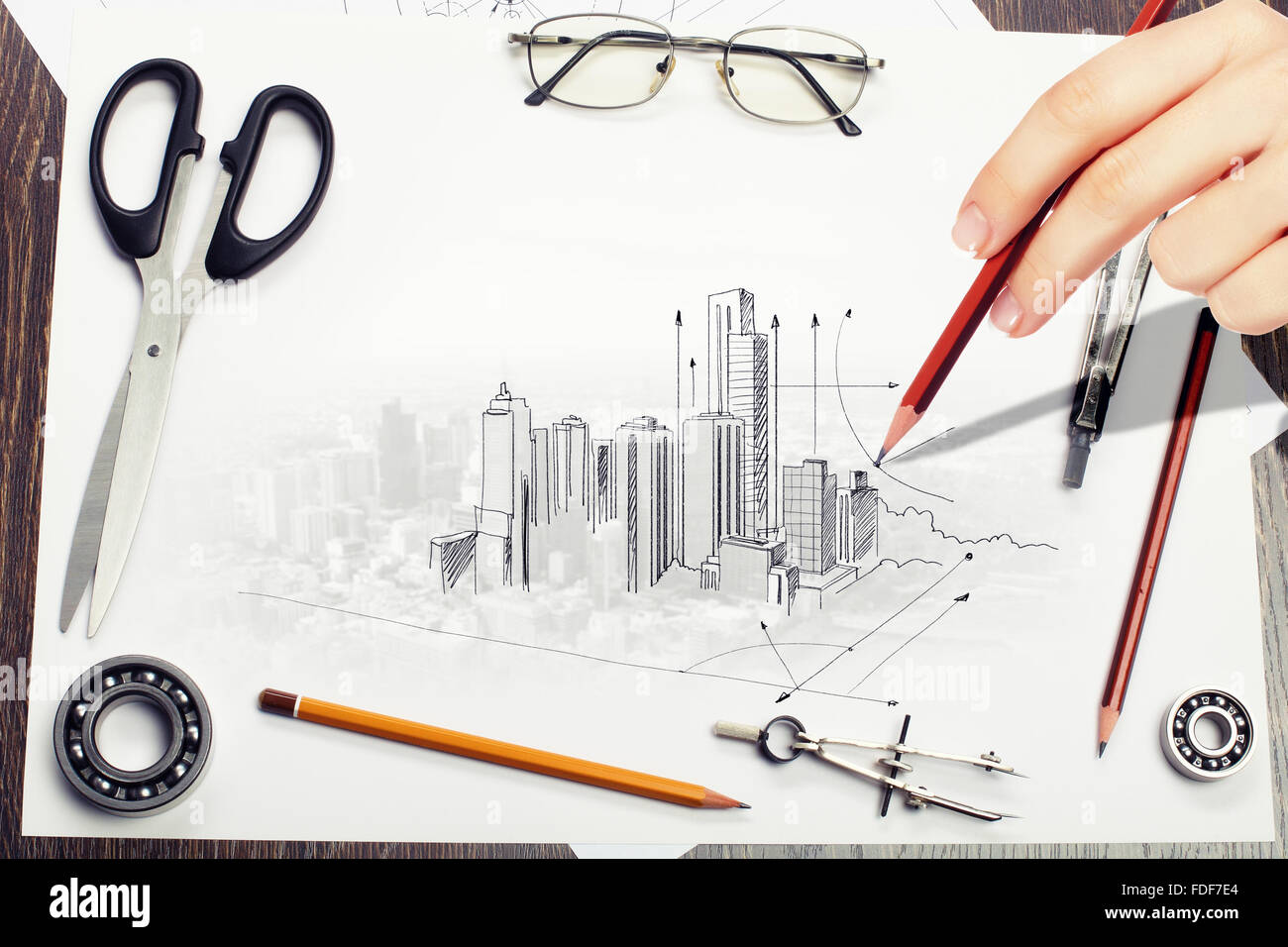 Architectural hand drawn project with set of tools Stock Photo - Alamy