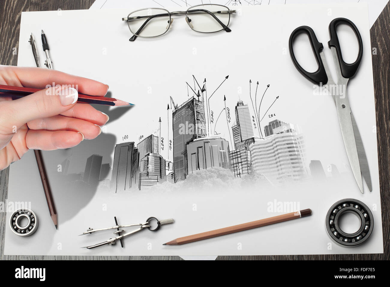 Architectural hand drawn project with set of tools Stock Photo - Alamy