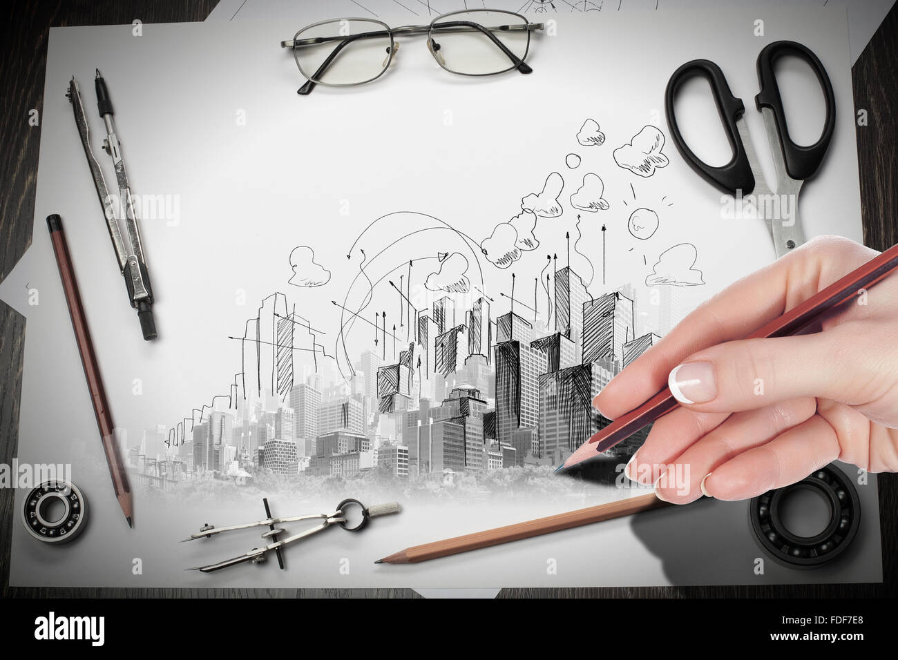 Architectural hand drawn project with set of tools Stock Photo - Alamy