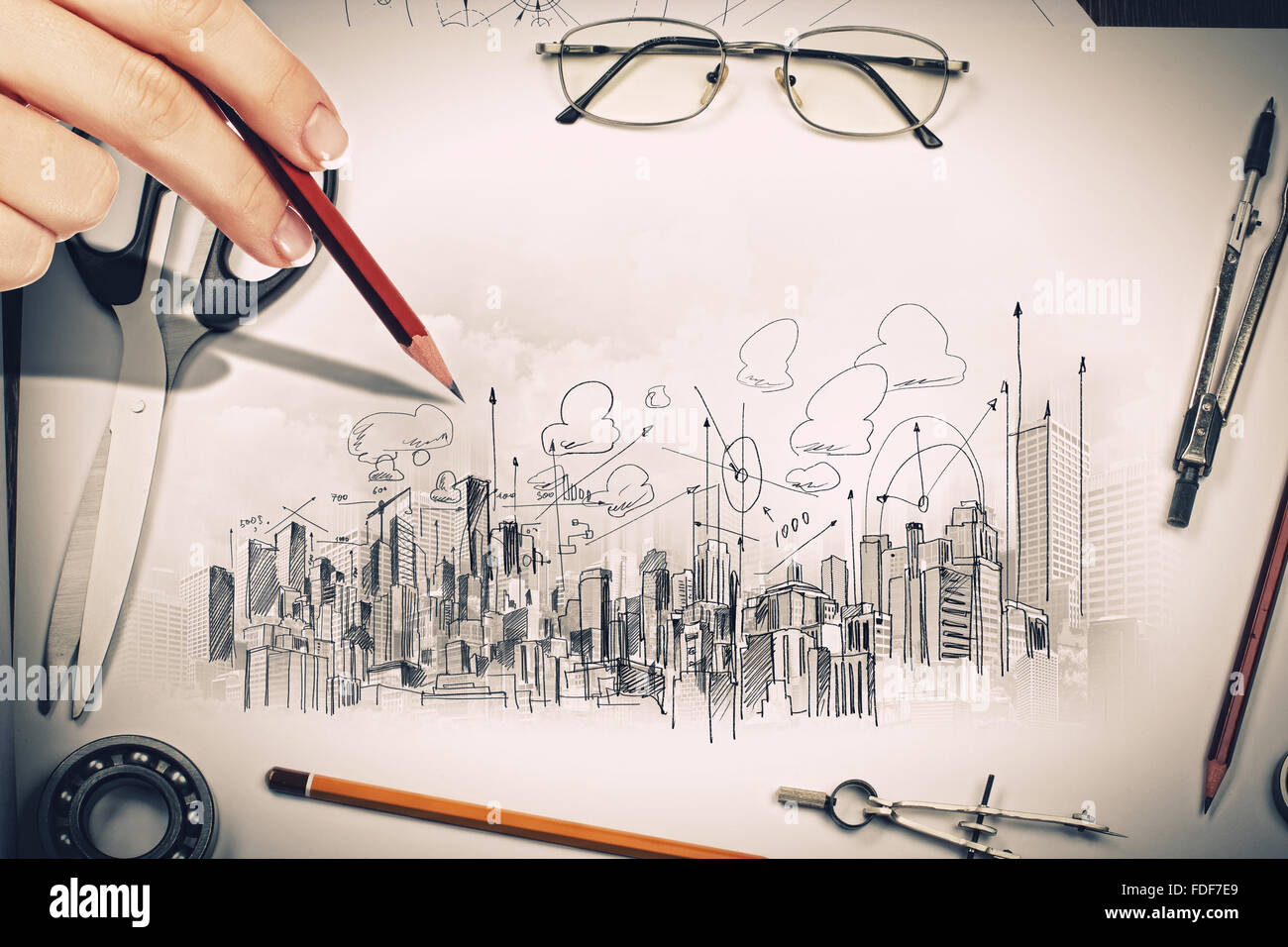 Architectural hand drawn project with set of tools Stock Photo - Alamy