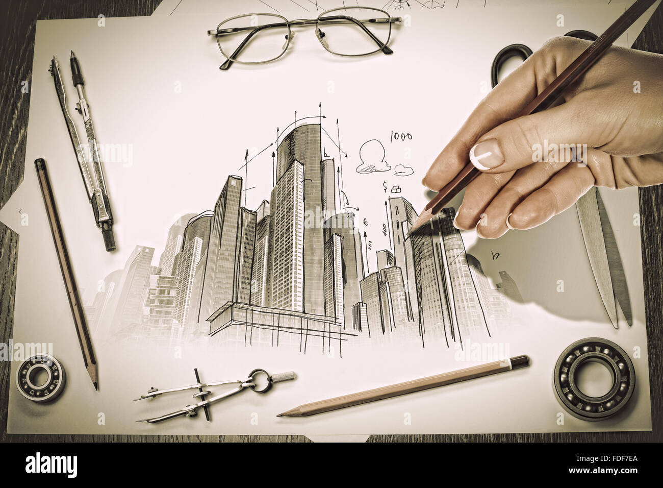 Architectural hand drawn project with set of tools Stock Photo - Alamy