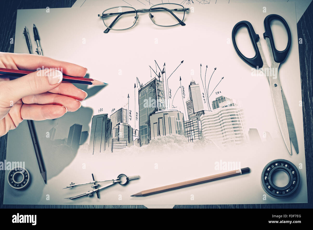Architectural hand drawn project with set of tools Stock Photo - Alamy