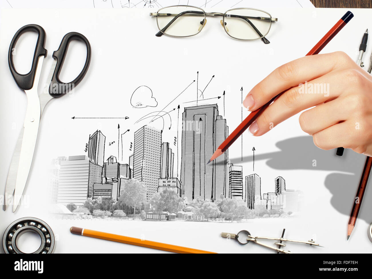 Architectural hand drawn project with set of tools Stock Photo - Alamy