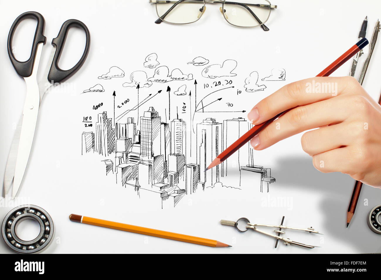 Architectural hand drawn project with set of tools Stock Photo - Alamy