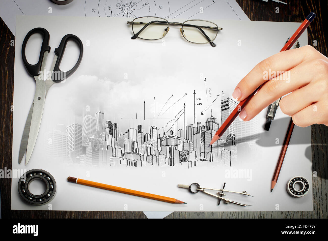 Architectural hand drawn project with set of tools Stock Photo - Alamy