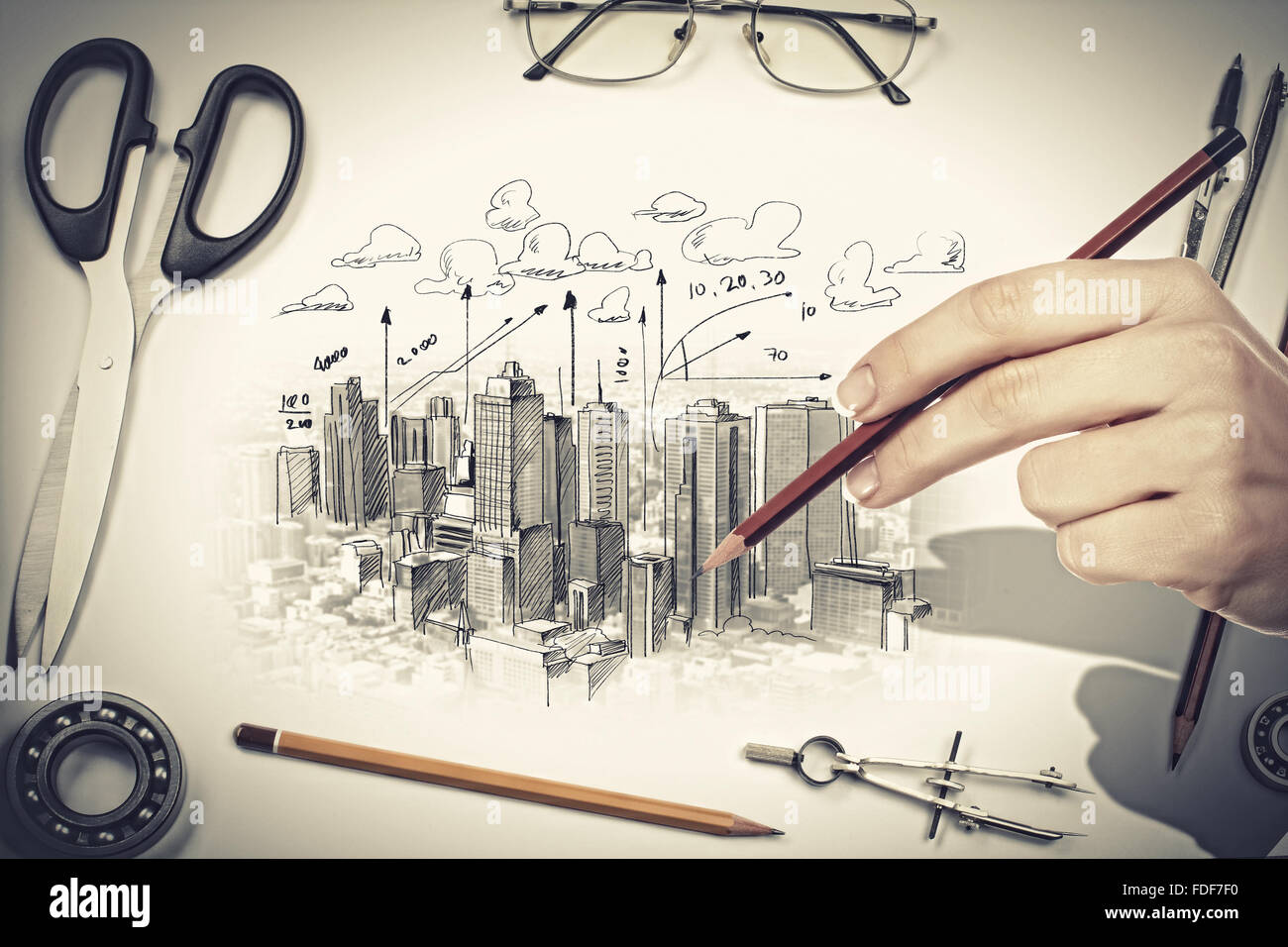 Architectural hand drawn project with set of tools Stock Photo - Alamy