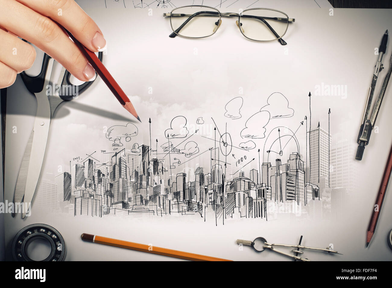 Architectural hand drawn project with set of tools Stock Photo - Alamy