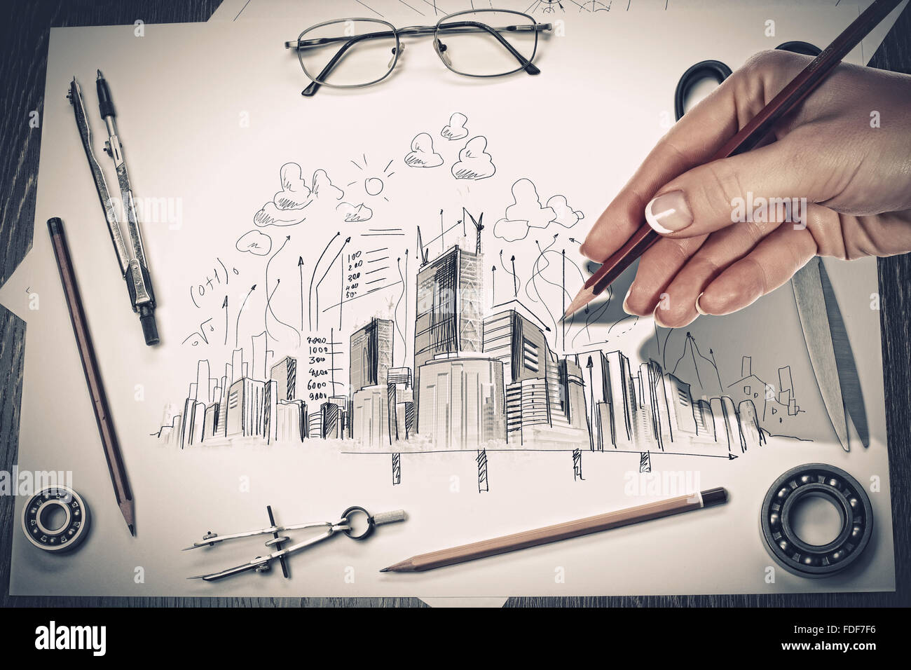 Architectural hand drawn project with set of tools Stock Photo - Alamy