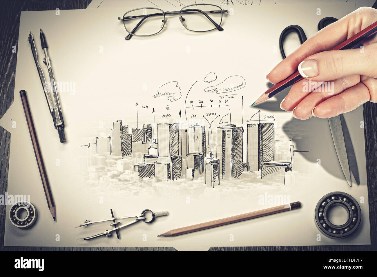 Architectural hand drawn project with set of tools Stock Photo - Alamy
