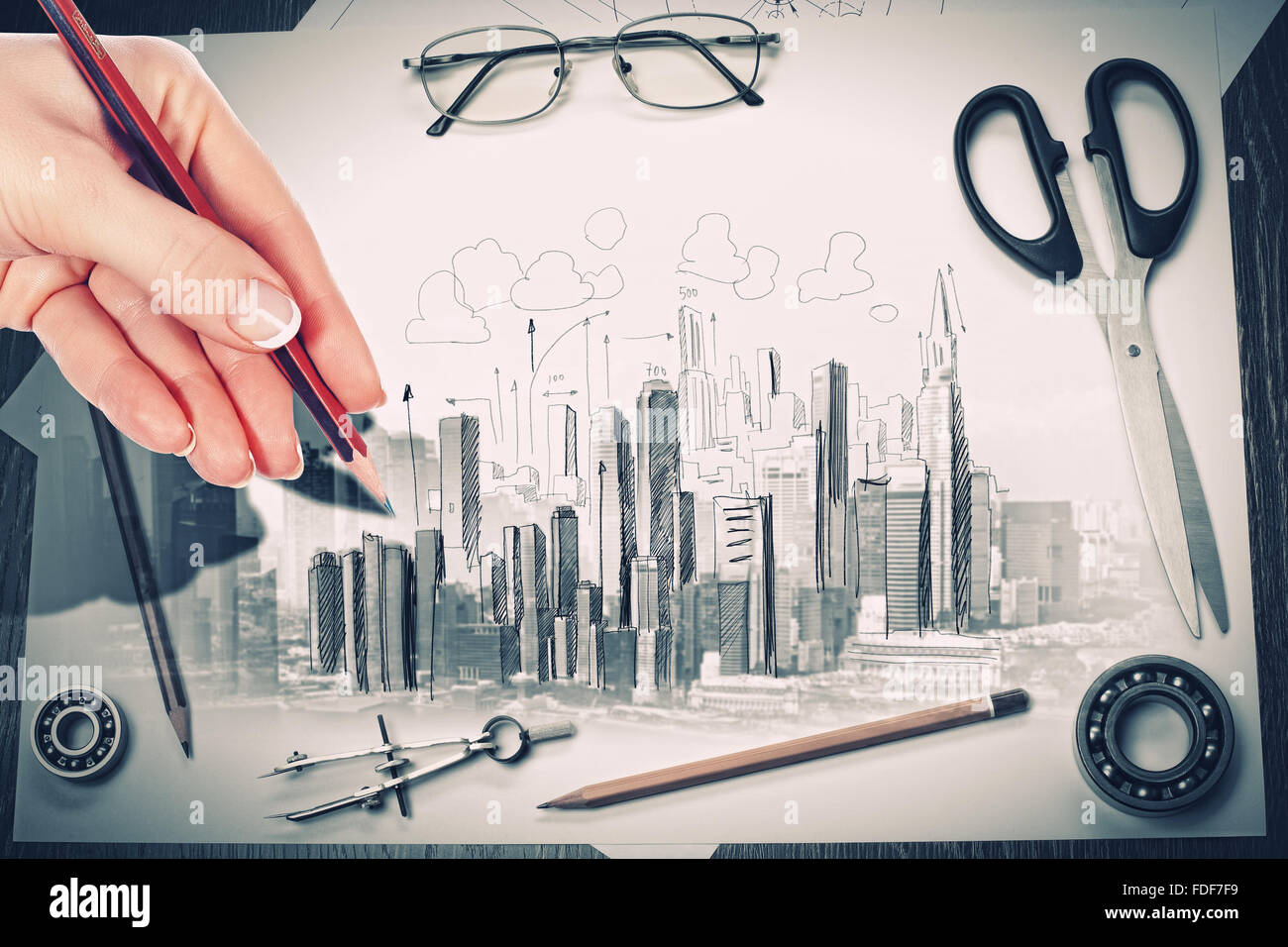 Architectural hand drawn project with set of tools Stock Photo - Alamy