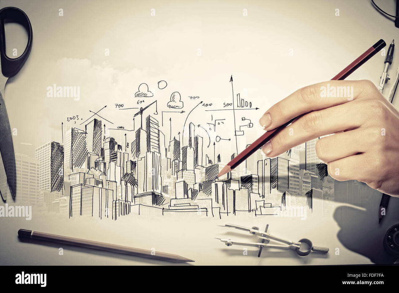 Architectural hand drawn project with set of tools Stock Photo - Alamy