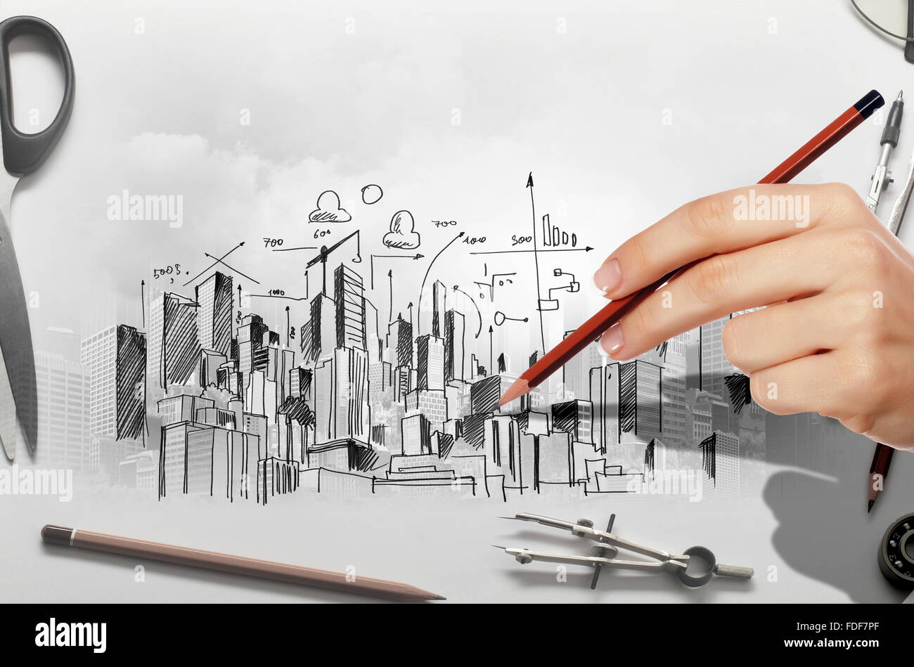 Architectural hand drawn project with set of tools Stock Photo - Alamy