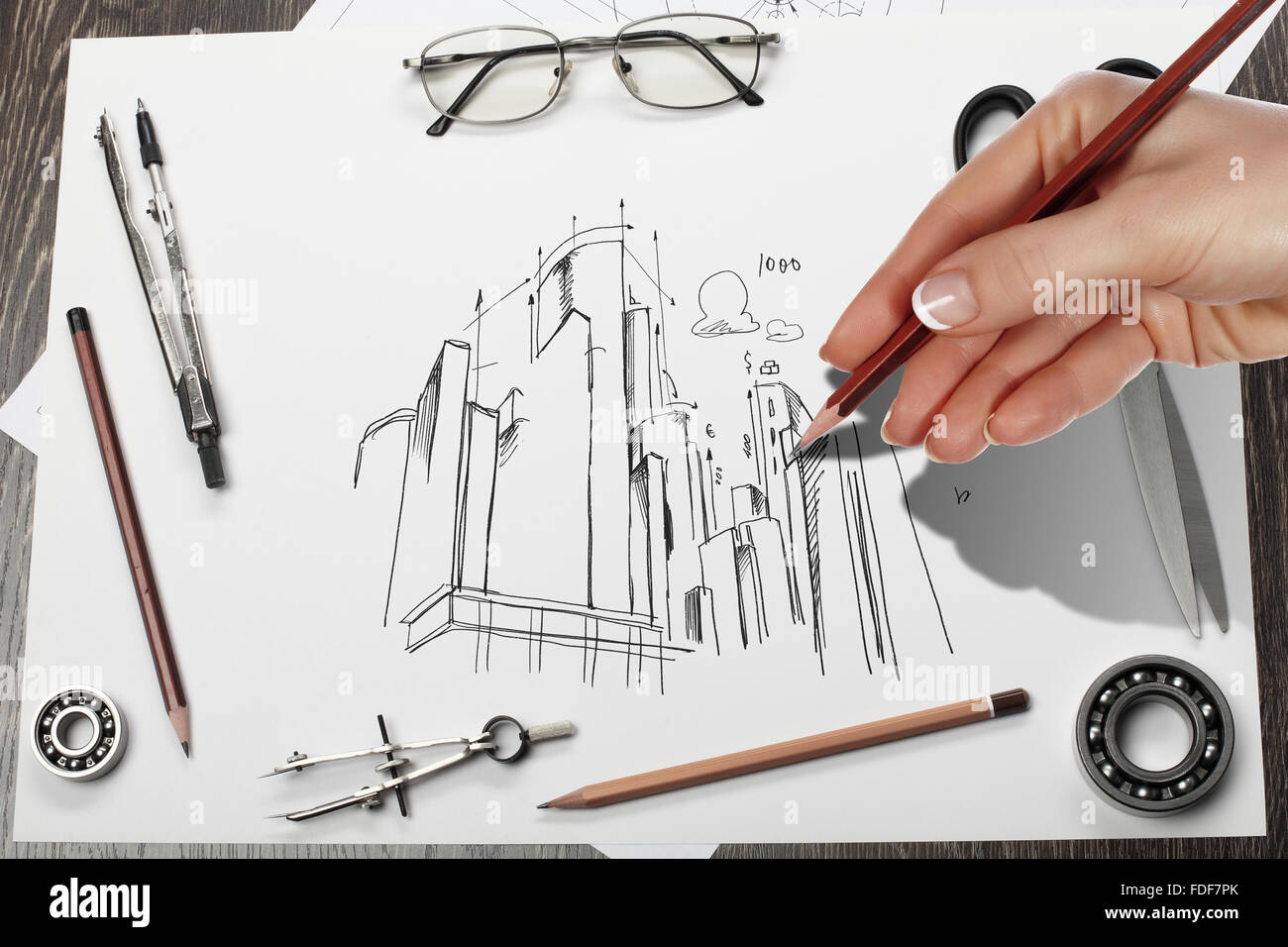 Architectural hand drawn project with set of tools Stock Photo - Alamy