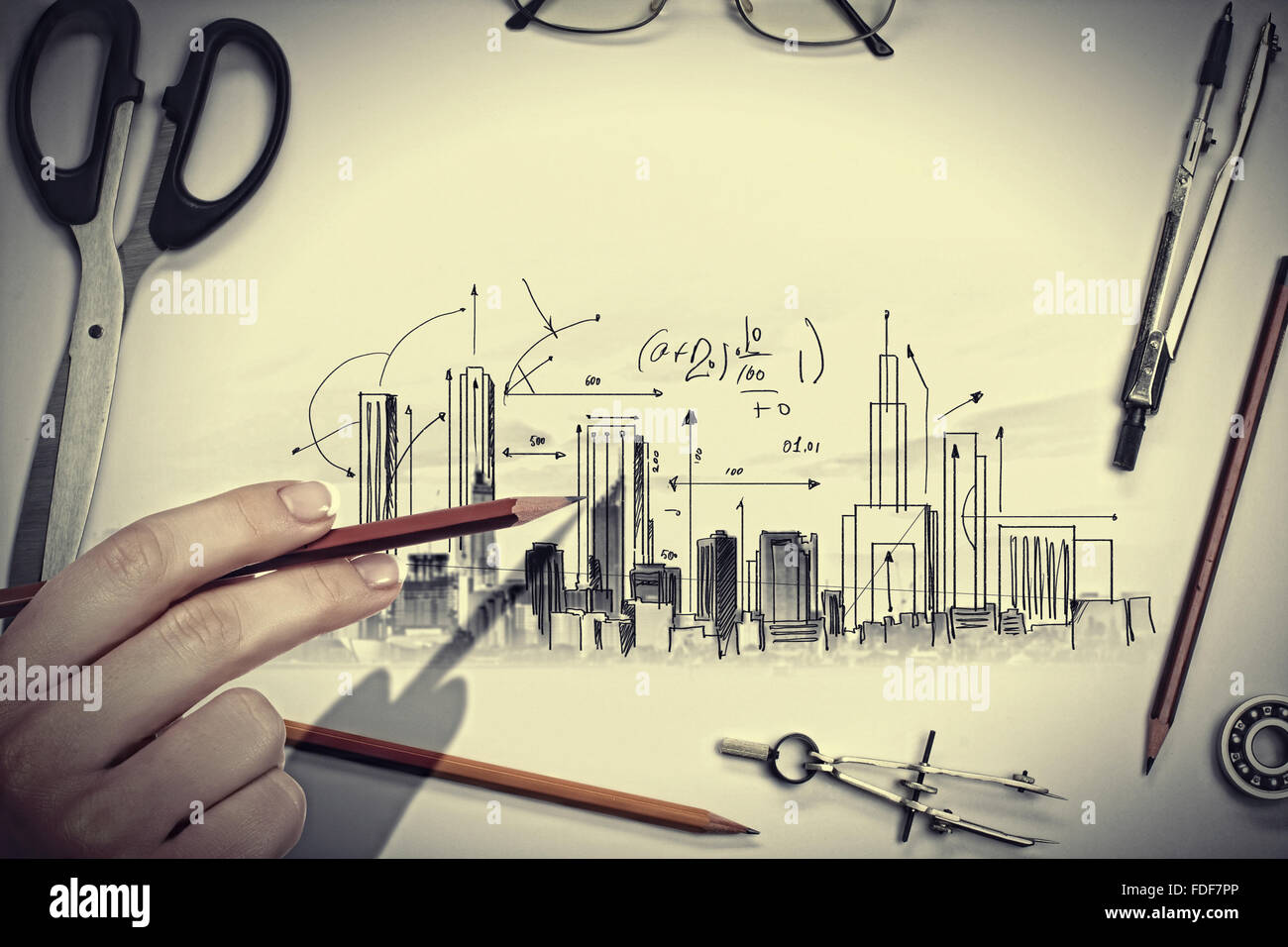 Architectural hand drawn project with set of tools Stock Photo - Alamy
