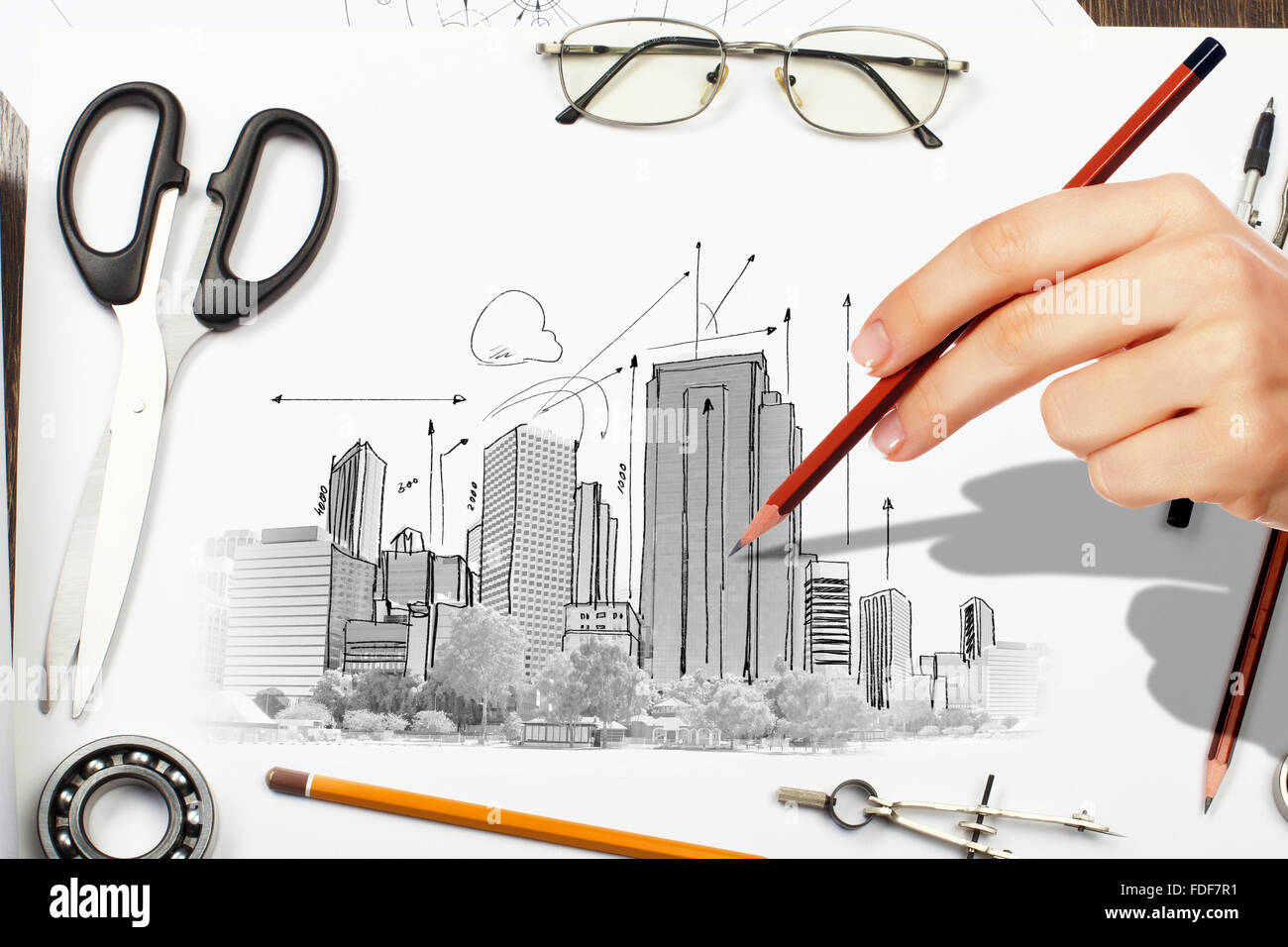 Architectural hand drawn project with set of tools Stock Photo - Alamy