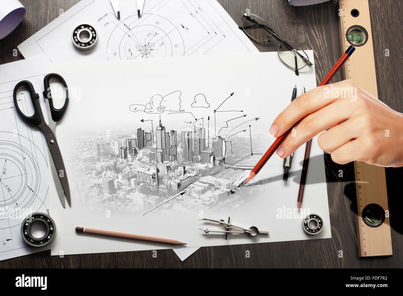Architectural hand drawn project with set of tools Stock Photo - Alamy