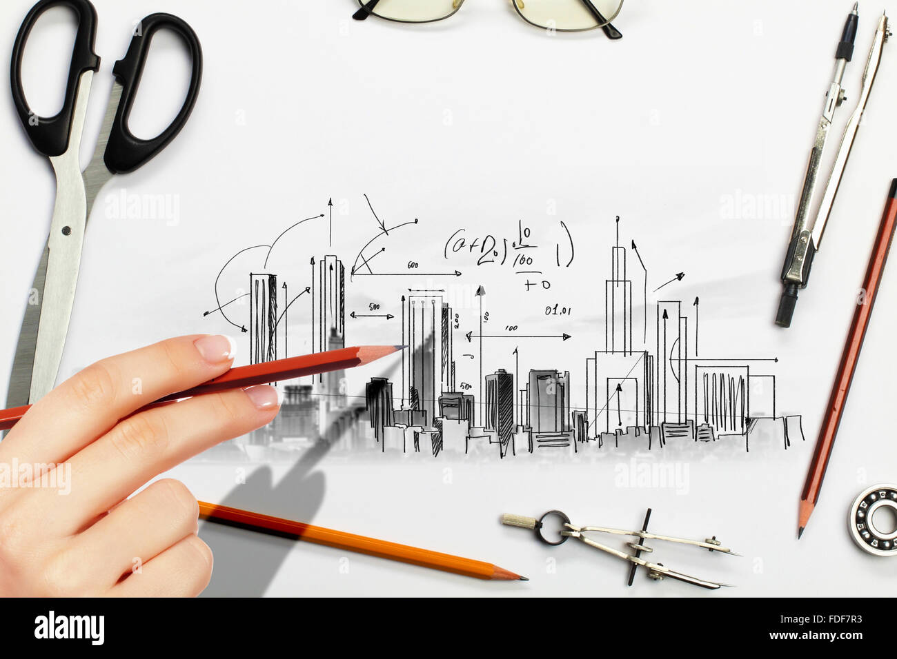 Architectural hand drawn project with set of tools Stock Photo - Alamy