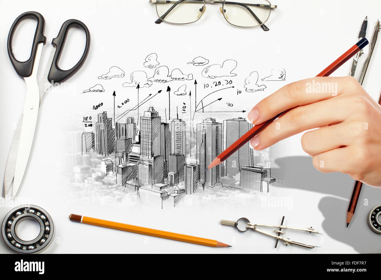 Architectural hand drawn project with set of tools Stock Photo - Alamy