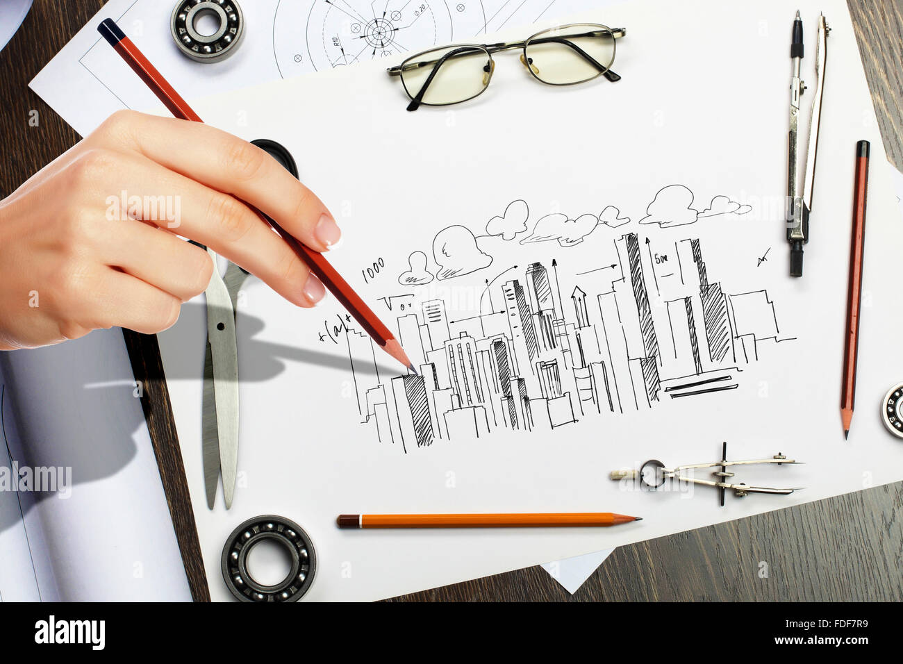 Architectural hand drawn project with set of tools Stock Photo - Alamy