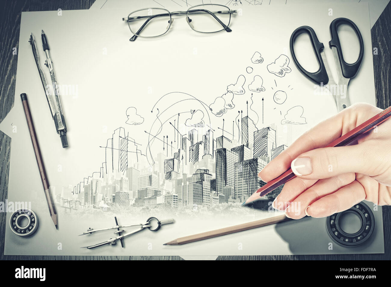 Architectural hand drawn project with set of tools Stock Photo - Alamy