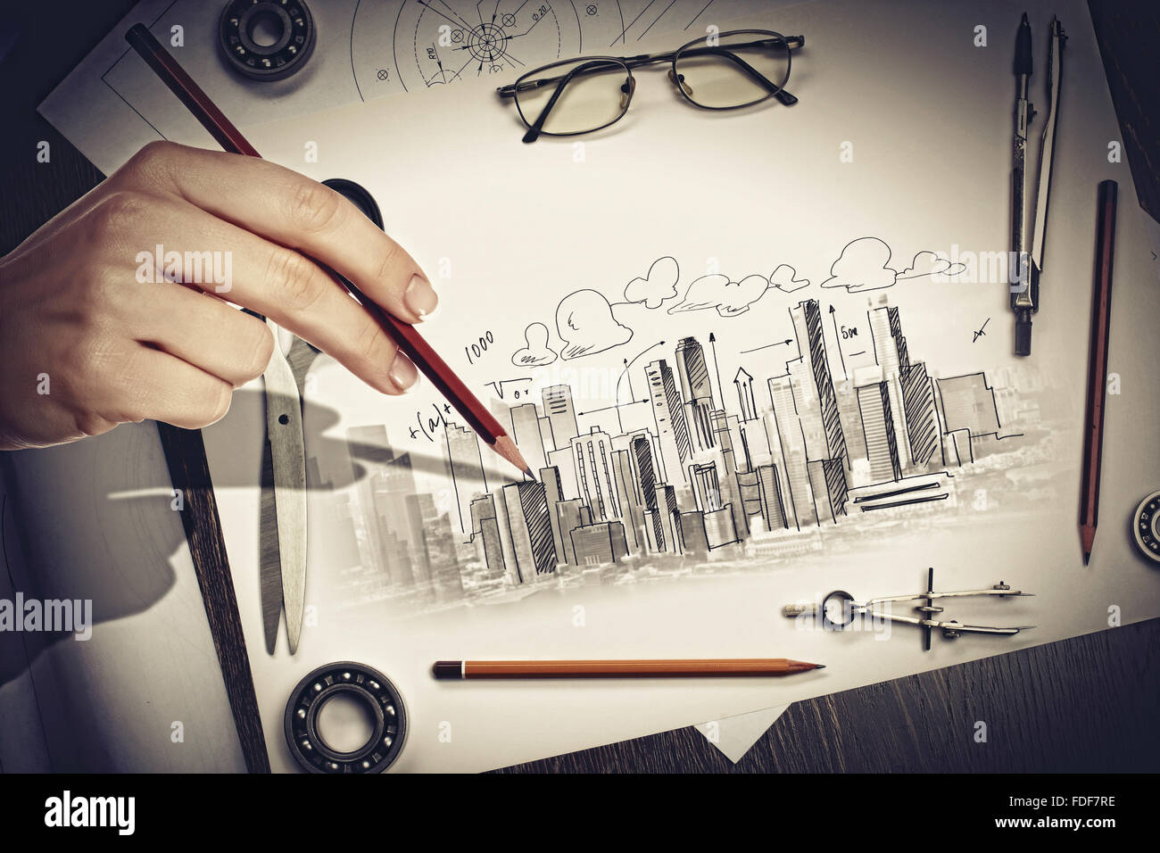 Architectural hand drawn project with set of tools Stock Photo - Alamy