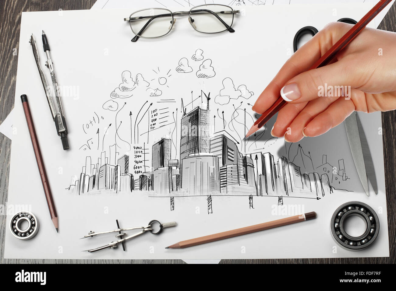 Architectural hand drawn project with set of tools Stock Photo - Alamy