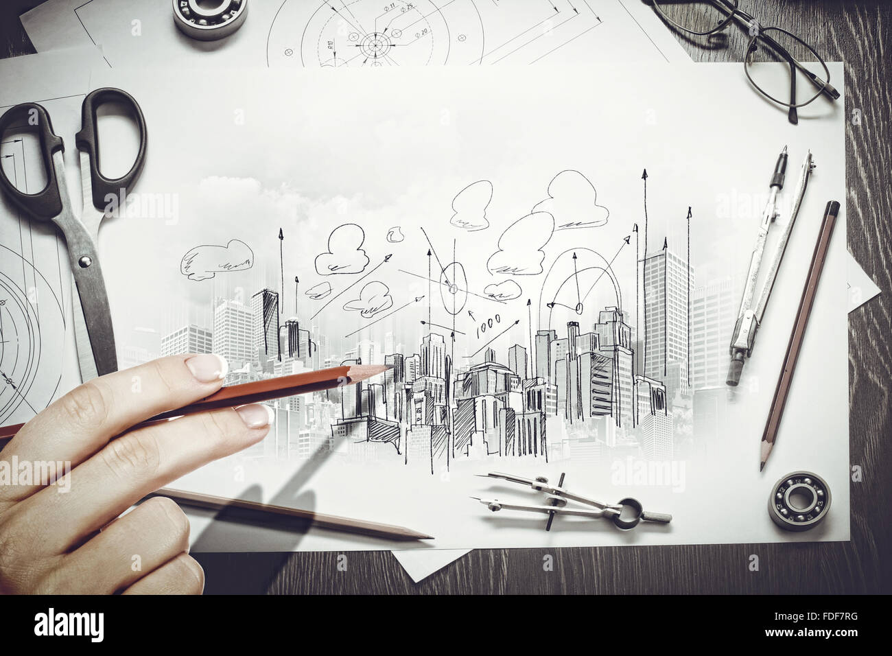 Architectural hand drawn project with set of tools Stock Photo - Alamy