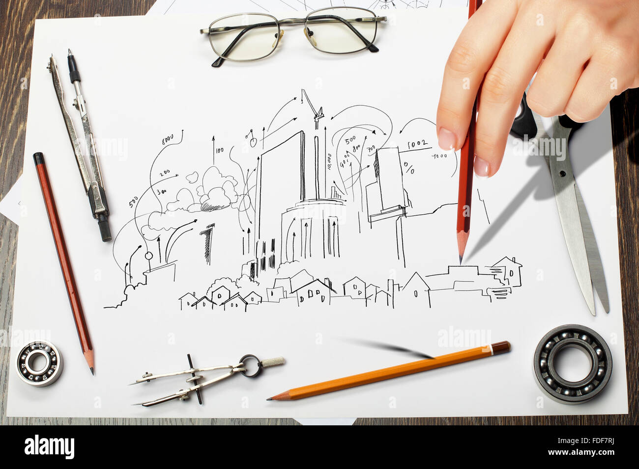 Architectural hand drawn project with set of tools Stock Photo - Alamy
