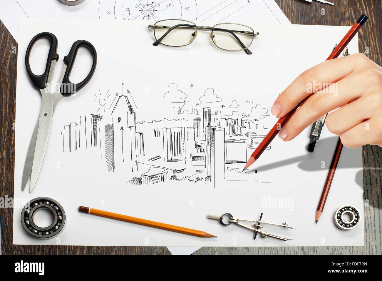 Architectural hand drawn project with set of tools Stock Photo - Alamy