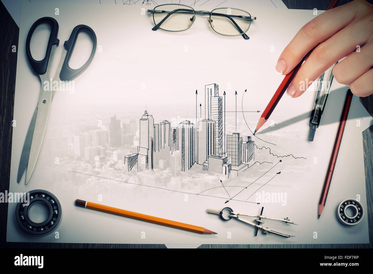 Architectural hand drawn project with set of tools Stock Photo - Alamy