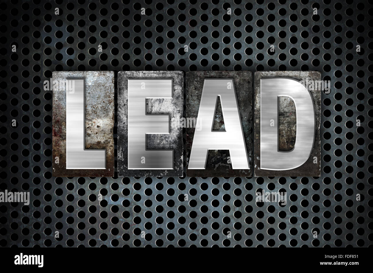 The word "Lead" written in vintage metal letterpress type on a black ...